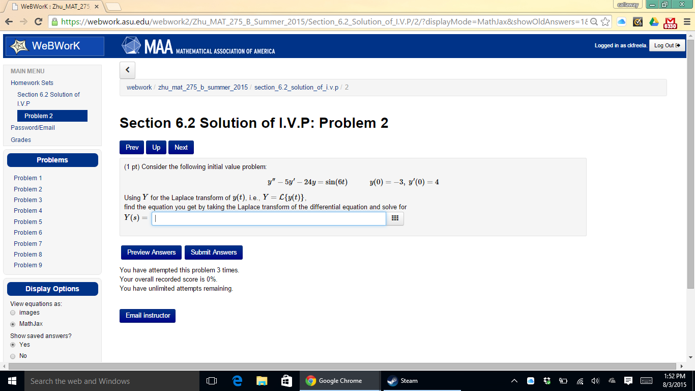 Solved WeBWorK: ZhuMAT275 - - e https://webwork | Chegg.com