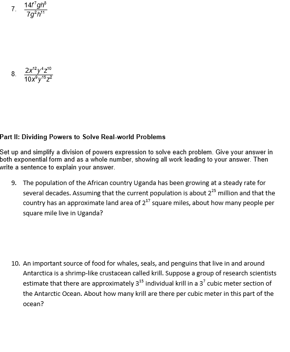 Solved Part II: Dividing Powers to Solve Real-world Problems | Chegg.com