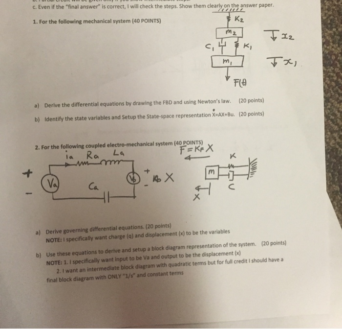 Solved For the following mechanical system Derive the | Chegg.com