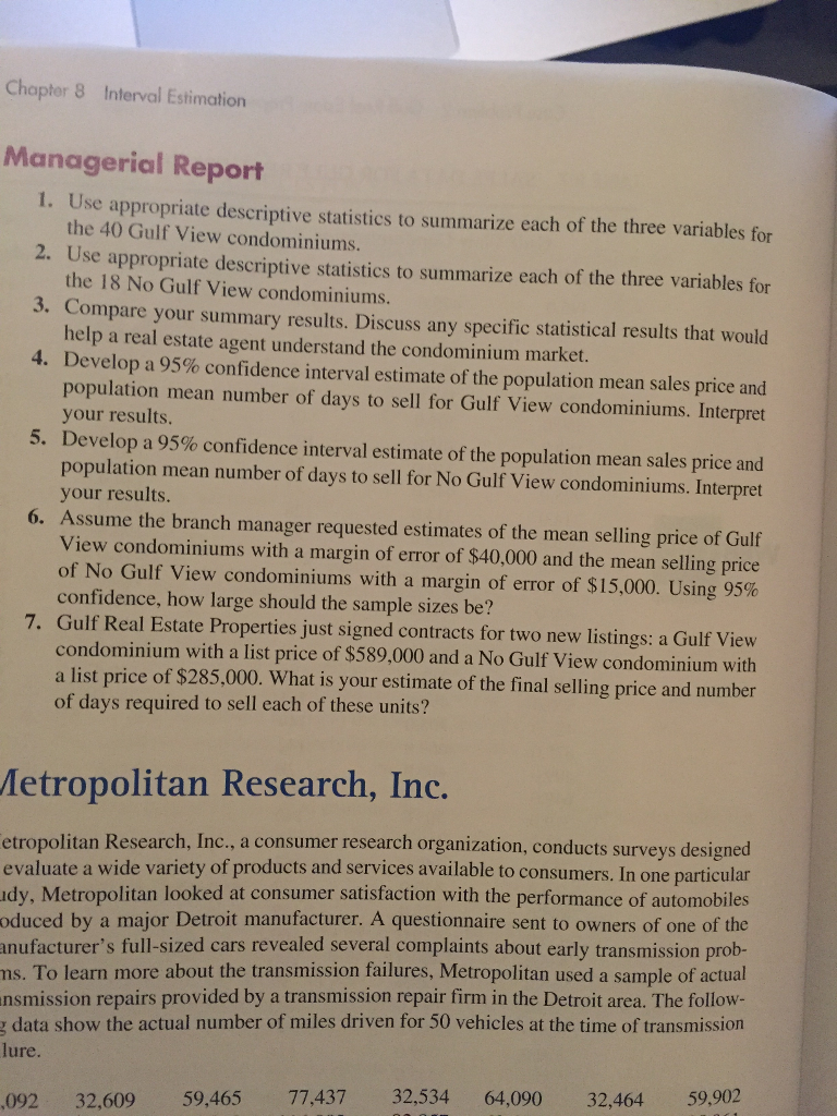 Chapter 8 Interval Estimation Managerial Report Use | Chegg.com
