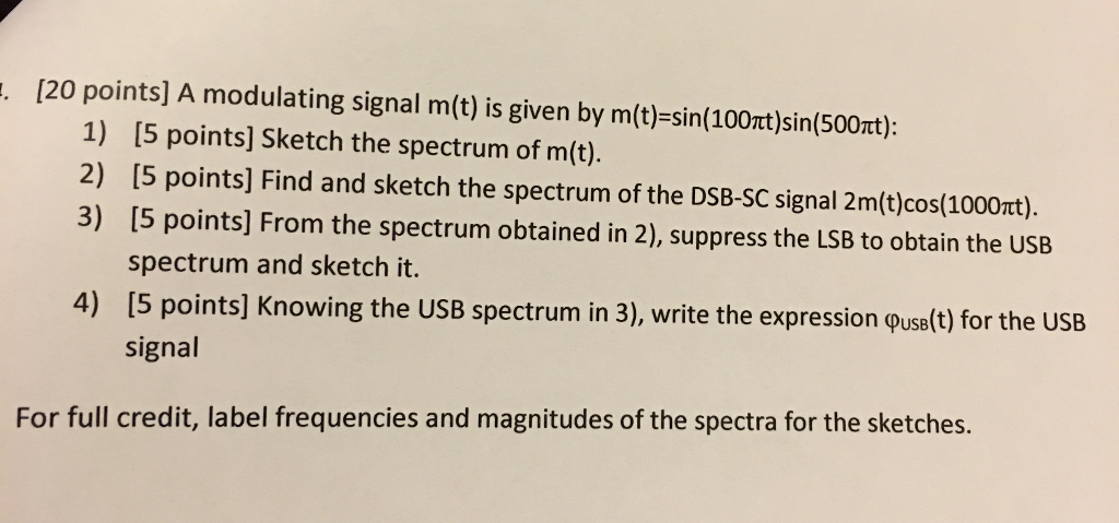 Solved A modulating signal m(t) is given by m(t) = sin(100pi | Chegg.com
