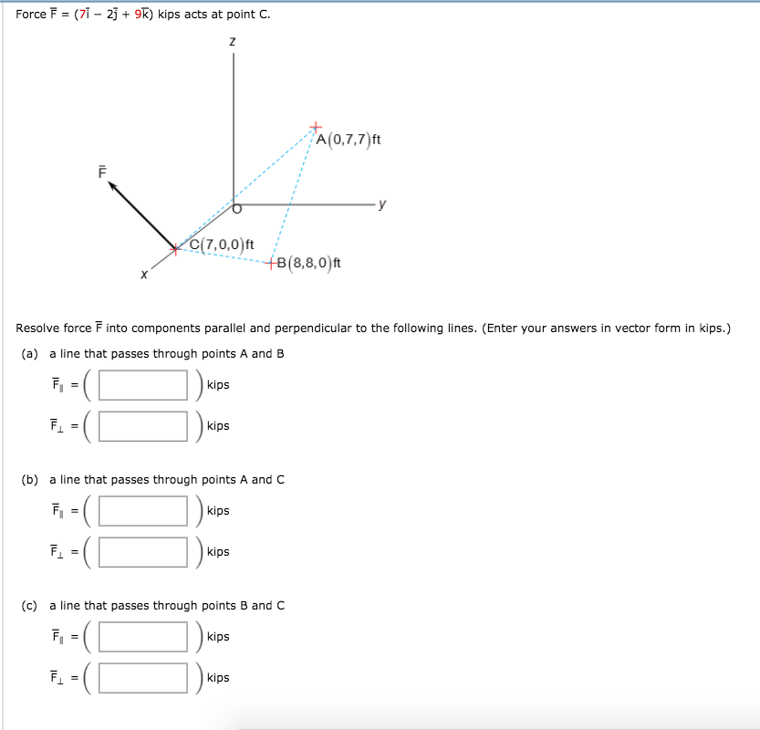 Solved Force F = (7i - 2j + 9k) kips acts at point C. | Chegg.com