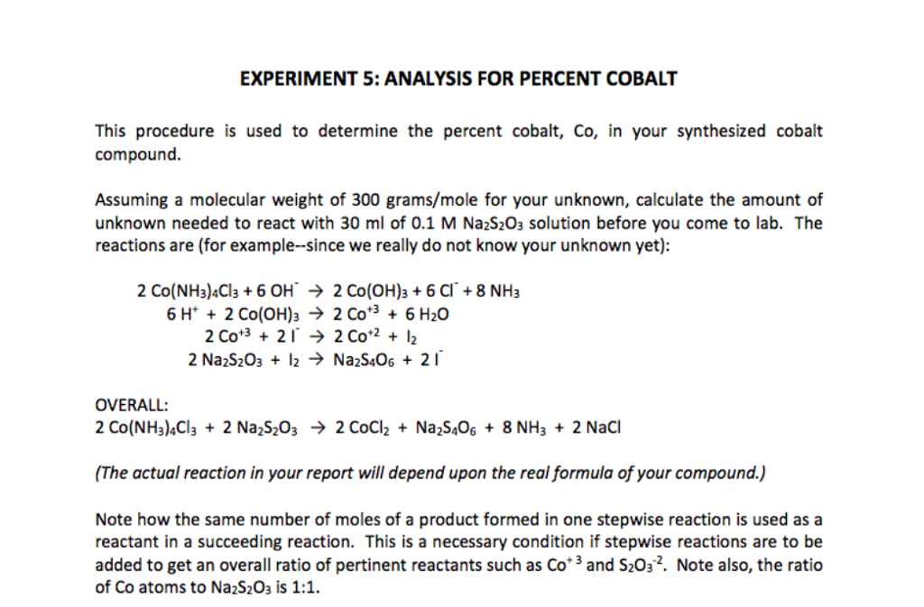 EXPERIMENT 5: ANALYSIS FOR PERCENT COBALT This | Chegg.com