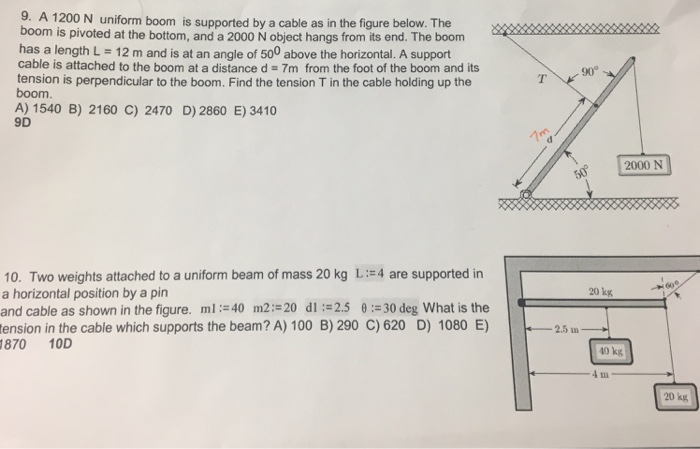 Solved A 1200 N uniform boom is supported by a cable as in | Chegg.com