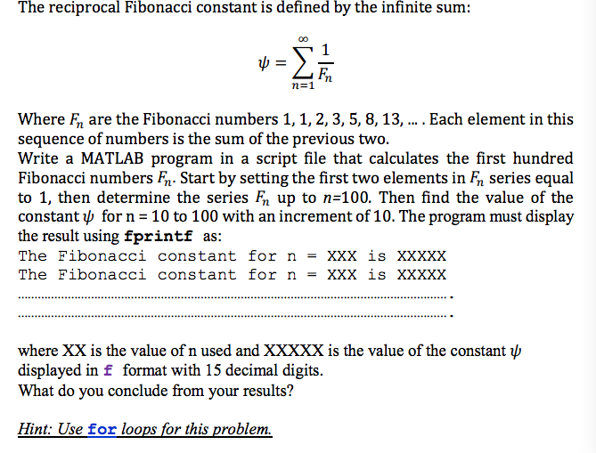 Solved The Reciprocal Fibonacci Constant Is Defined By The