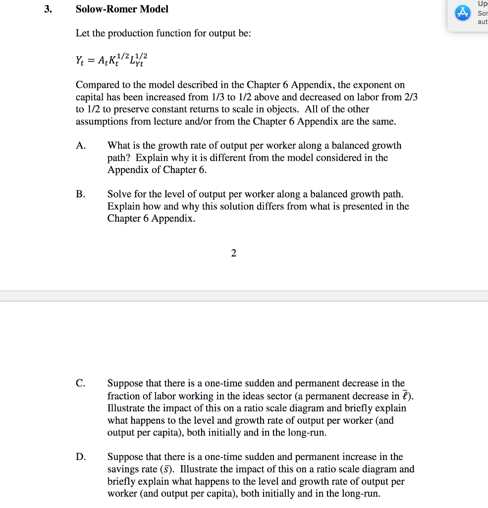 Up Sor aut 3.Solow-Romer Model Let the production | Chegg.com