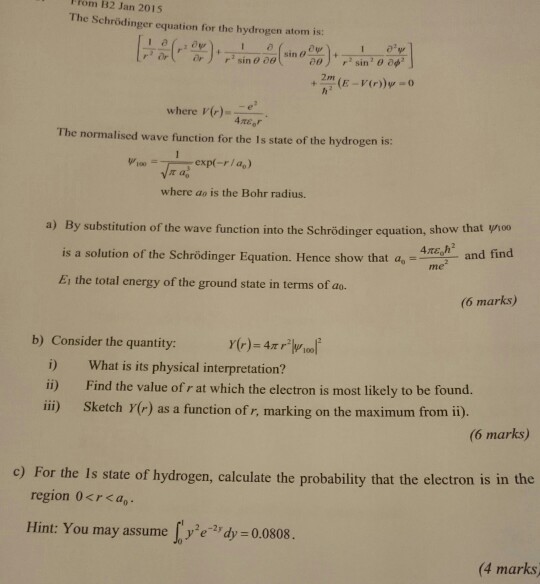 Solved The Schrodinger equation for the hydrogen atom is: | Chegg.com