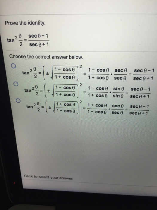 Solved Prove the identity. tan^2 theta/2 = sec theta - | Chegg.com