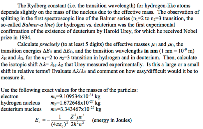 Solved The Rydberg constant (i.e. the transition wavelength) | Chegg.com