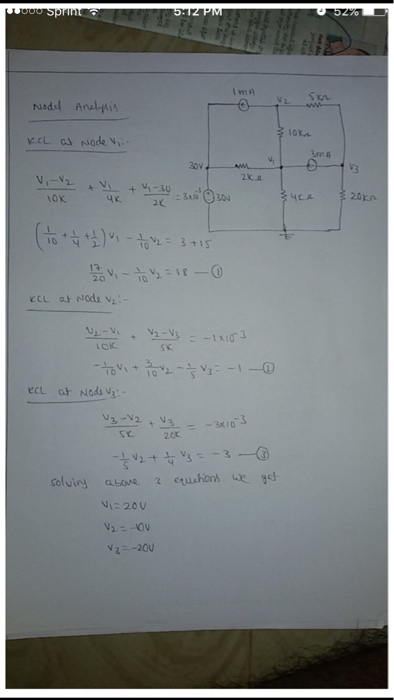 Solved Nodel Analysis KCL at Node V_1: V_1 - V_2/10k + | Chegg.com