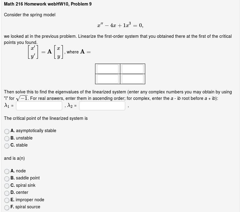 Solved Math 216 Homework webHW10, Problem 9 Consider the | Chegg.com