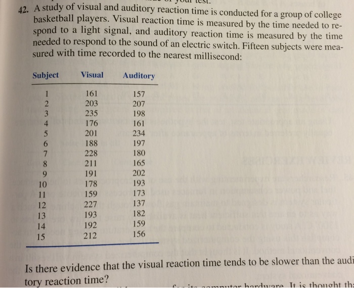Solved A study of visual and auditory reaction time is | Chegg.com