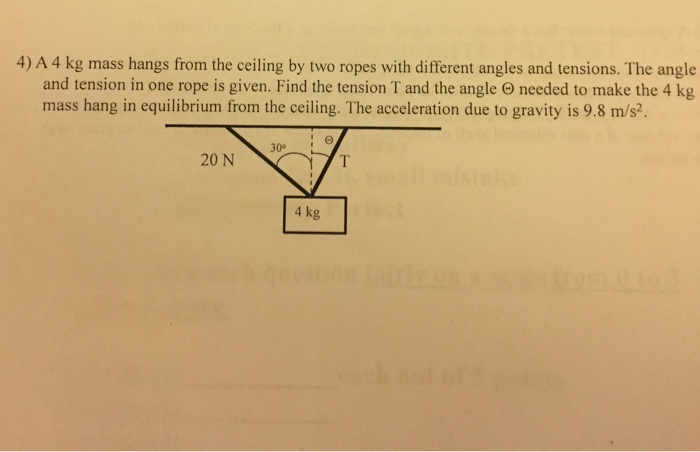 Solved A 4 kg mass hangs from the ceiling by two ropes with | Chegg.com