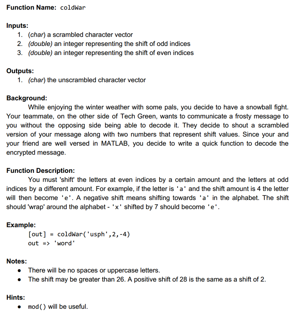 Solved Function Name: coldwar Inputs: 1. 2. 3. (char) a | Chegg.com