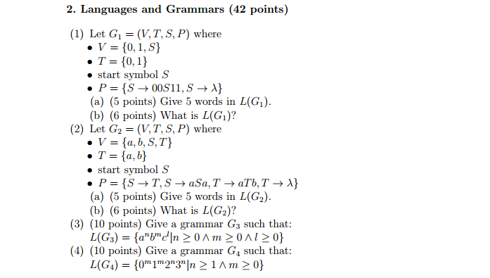 Solved 2. Languages and Grammars (42 points) (1) Let G1 J | Chegg.com