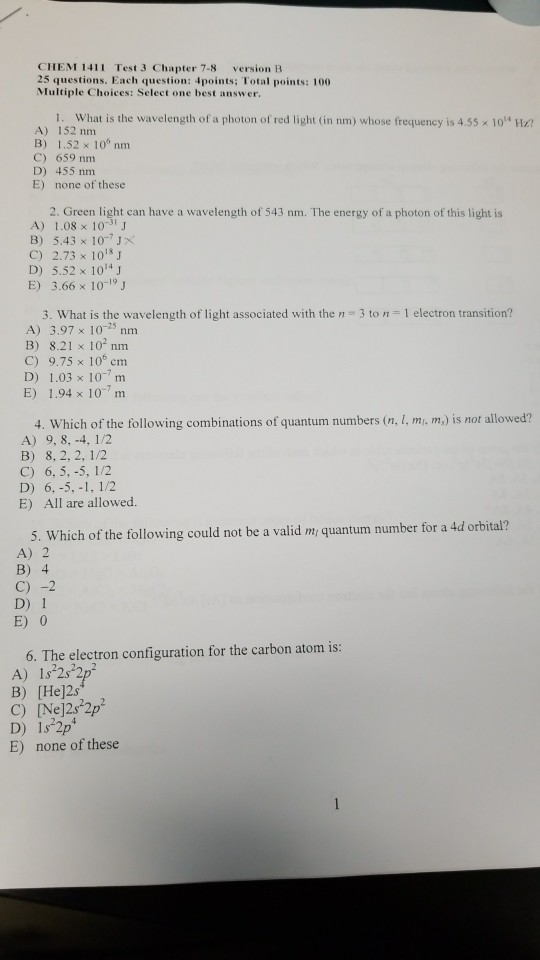 Solved CHEM 1411 Test 3 Chapter 7-8 version B 25 questions. | Chegg.com