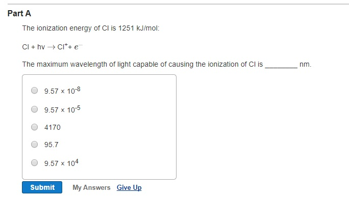 Solved The ionization energy of Cl is 1251 kJ/mol: | Chegg.com