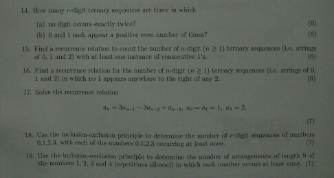 Solved 14. How many r digit ternary sequences are there in | Chegg.com