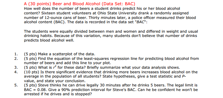 Beer and Blood Alcohol (Data Set: BAC) How well does | Chegg.com