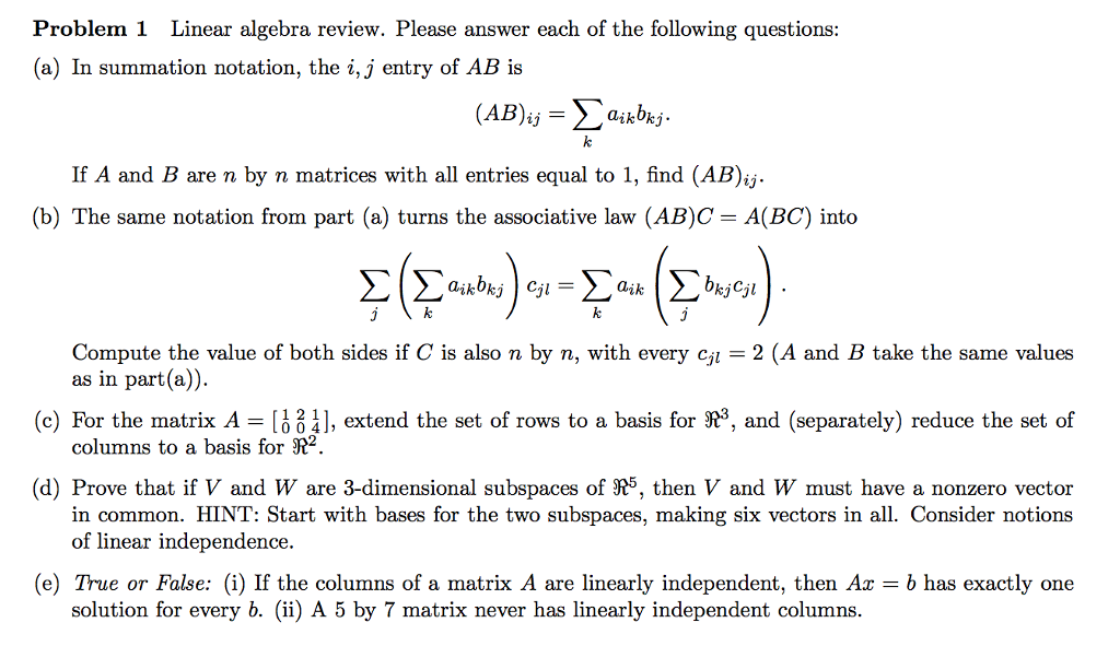 Solved Linear algebra review. Please answer each of the | Chegg.com