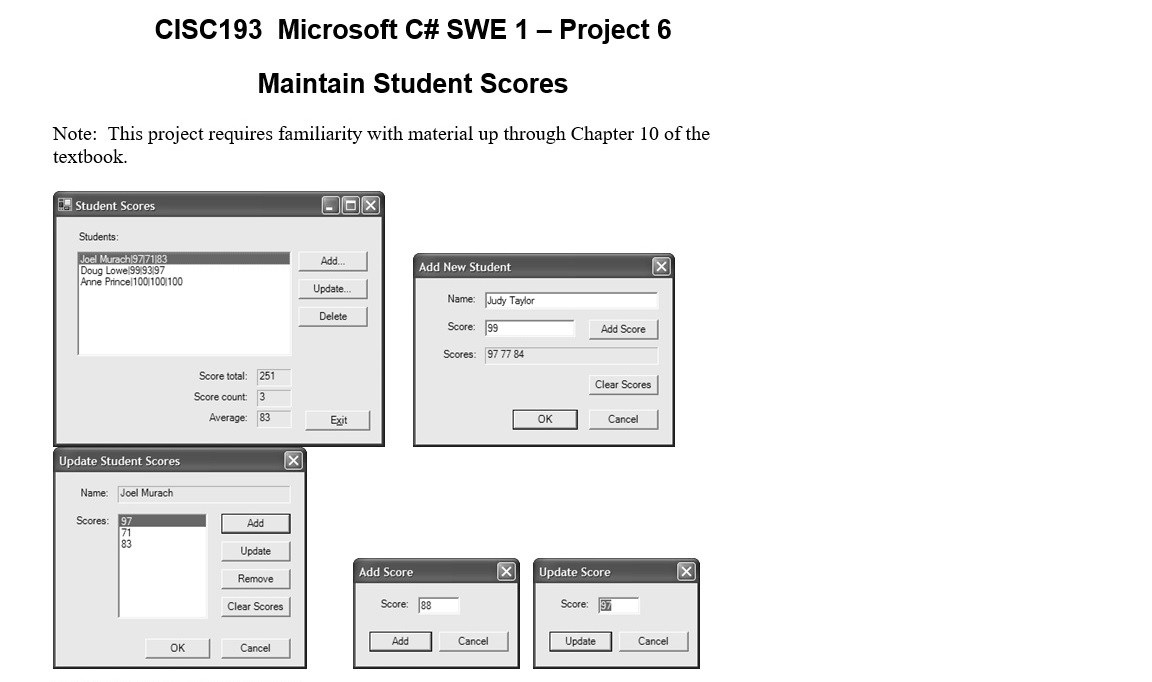 Solved CISC193 Microsoft C# SWE 1 - Project 6 Maintain | Chegg.com