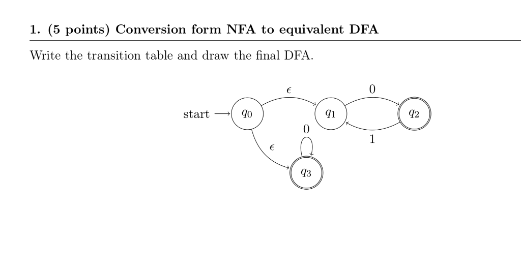 Solved 1. (5 points) Conversion form NFA to equivalent DFA | Chegg.com
