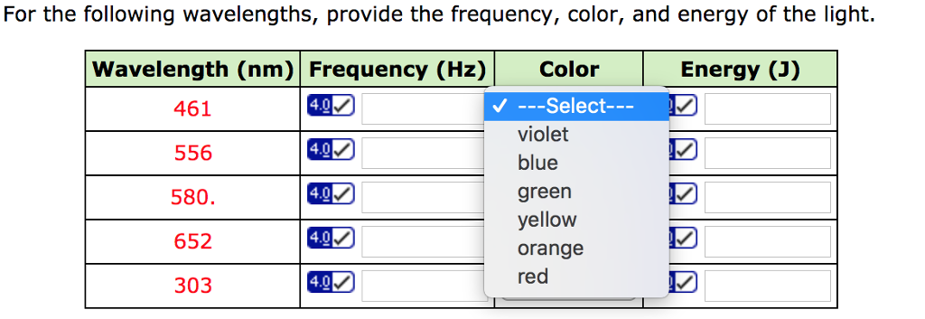 Solved PROVIDE FREQUENCY, COLOR, AND ENERGY OF THE LIGHT | Chegg.com