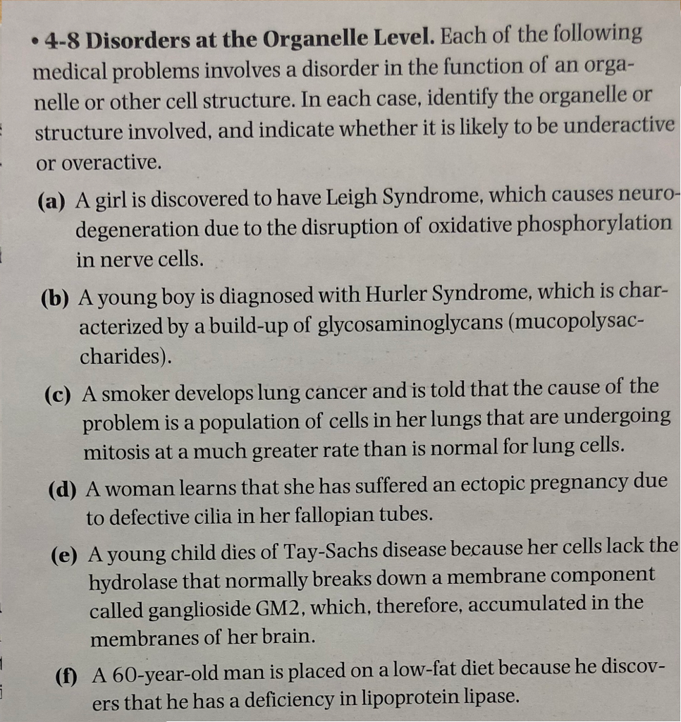 Solved 4-8 Disorders at the Organelle Level. Each of the | Chegg.com