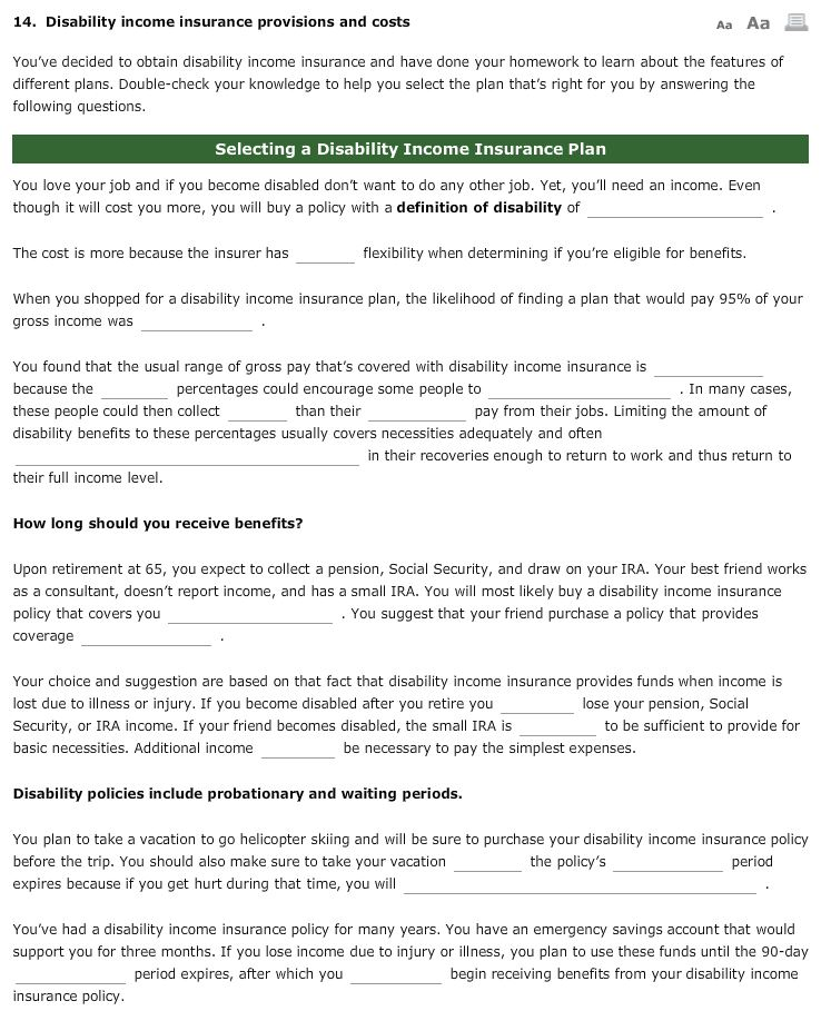 14. Disability income insurance provisions and costs | Chegg.com