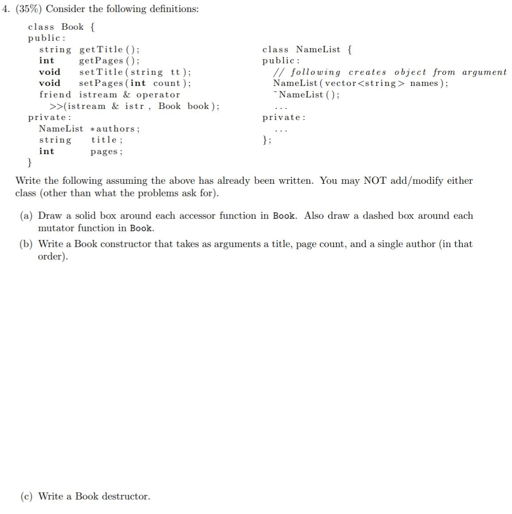 Solved 4" (35%) Consider the following definitions class | Chegg.com