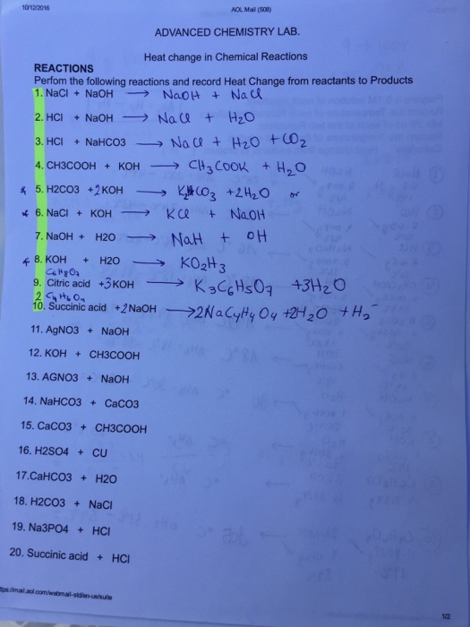Solved AOL Mail (50e) ADVANCED CHEMISTRY LAB. Heat change in | Chegg.com