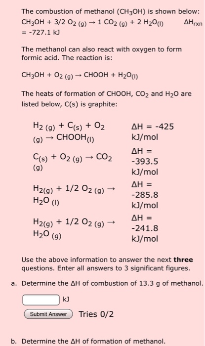 Solved The combustion of methanol (CH30H) is shown below: | Chegg.com