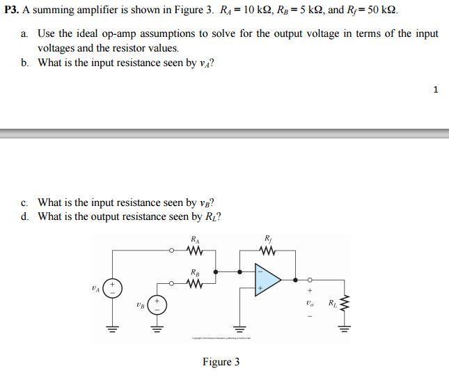 Solved A summing amplifier is shown in Figure 3. RA = 10 k | Chegg.com