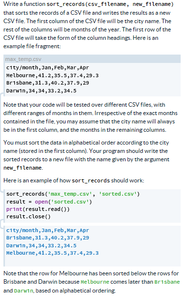 Solved Write a function sort_records (csv f1lename, new | Chegg.com