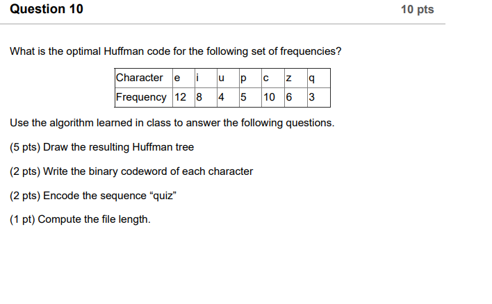 Solved Question 10 10 pts What is the optimal Huffman code | Chegg.com