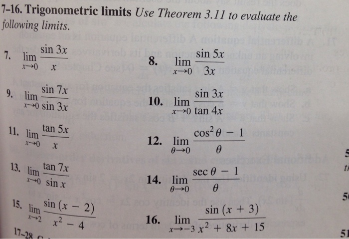 Solved 7-16 Trigonometric limits Use Theorem 3.11 to | Chegg.com