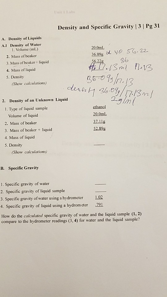 Solved Unit 1 Labs Density and Specific Gravity | 3 | Pg 31 | Chegg.com