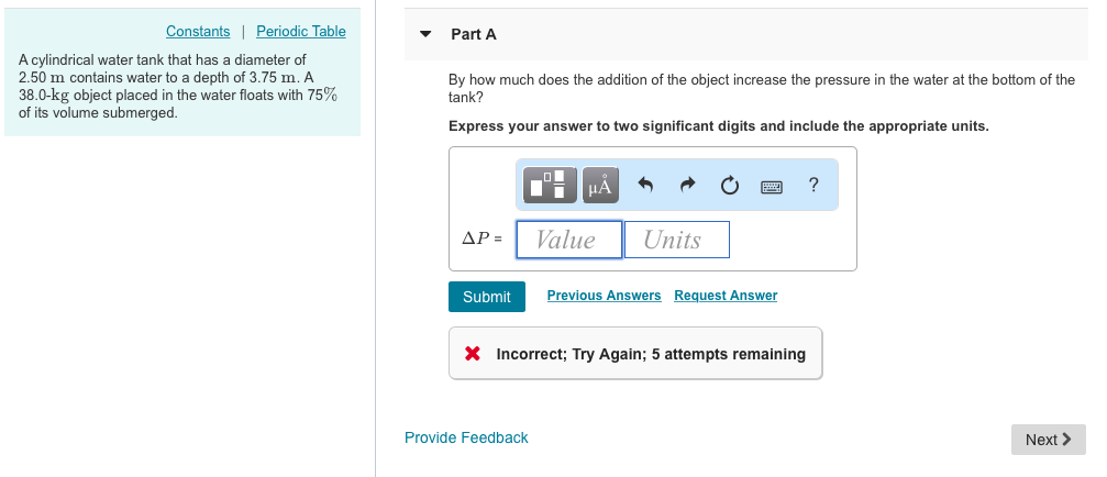 Solved Constants Periodic Table Part A A cylindrical water | Chegg.com