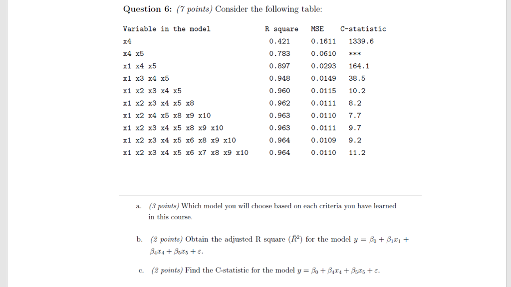 Solved Question 6: (7 points) Consider the following table: | Chegg.com