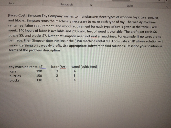 Solved Font Paragraph Styles [Fixed-Cost] Simpson Toy | Chegg.com