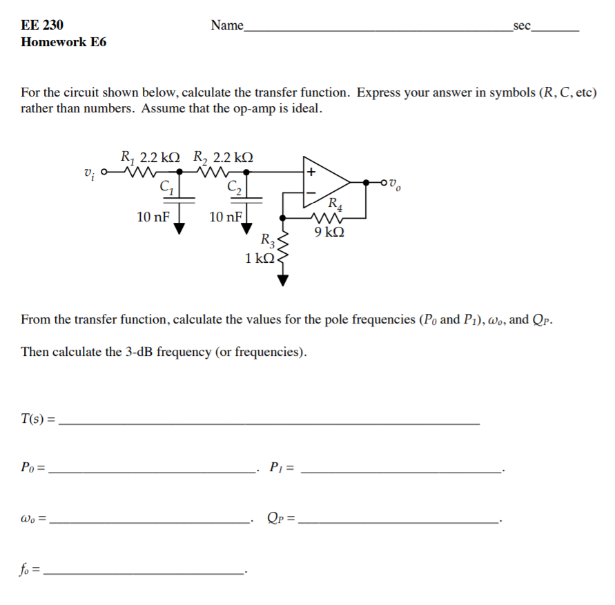 Solved EE 230 Homework E6 Name sec For the circuit shown | Chegg.com