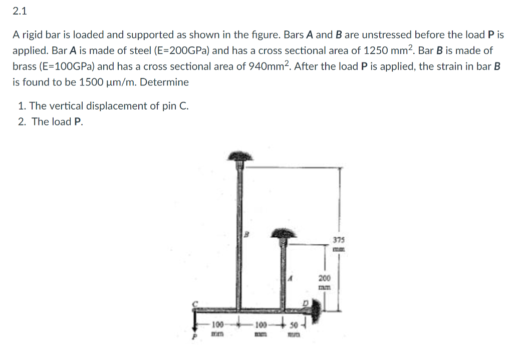 Solved A rigid bar is loaded and supported as shown in the | Chegg.com