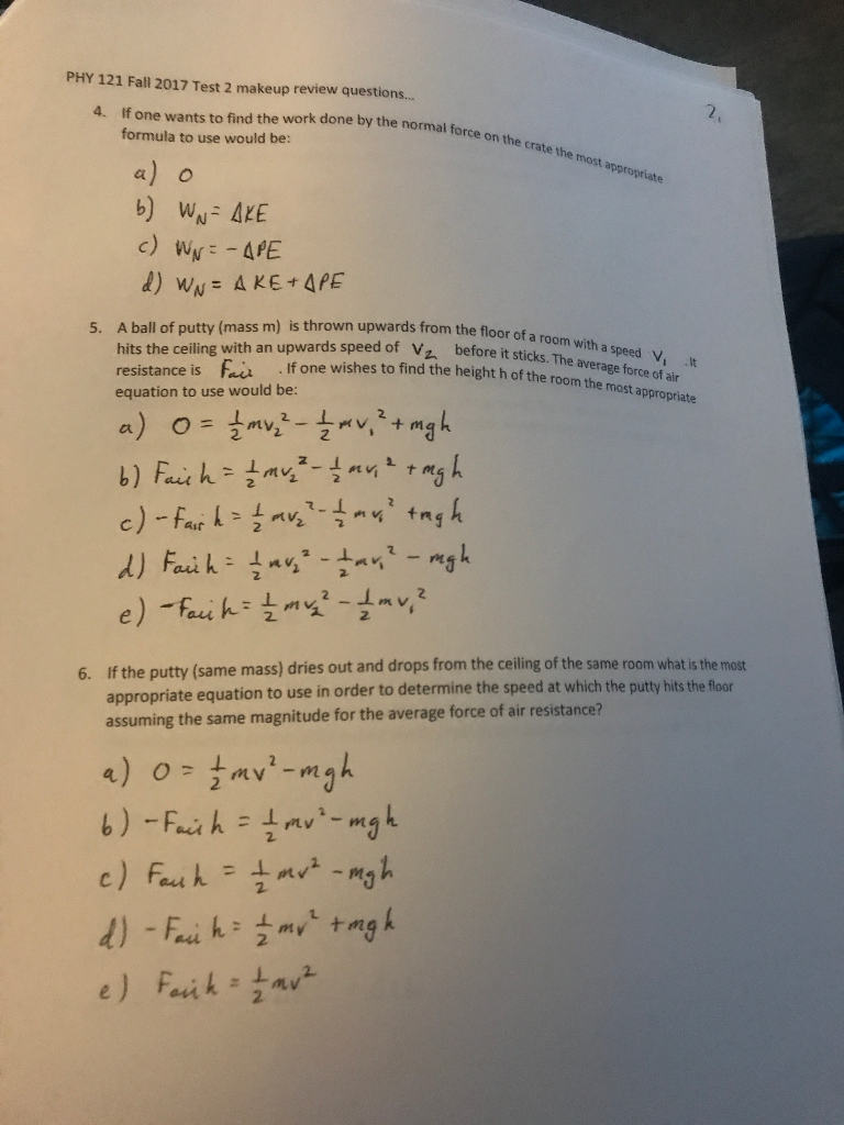 Solved PHY 121 Fall 2017 Make-up review questions for Test 2 | Chegg.com