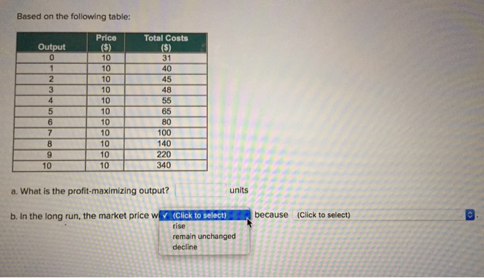 Solved Based on the following table: Total Costs Output 10 | Chegg.com