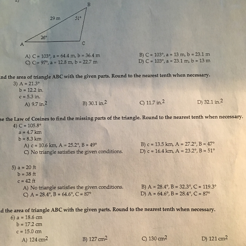 Solved B 29 m 51° 26° A) C= 103°, a = 64.4 m, b = 36.4 m C) | Chegg.com