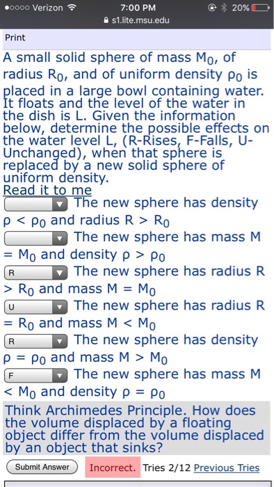 Solved A small solid sphere of mass M0, of radius R0, and of | Chegg.com