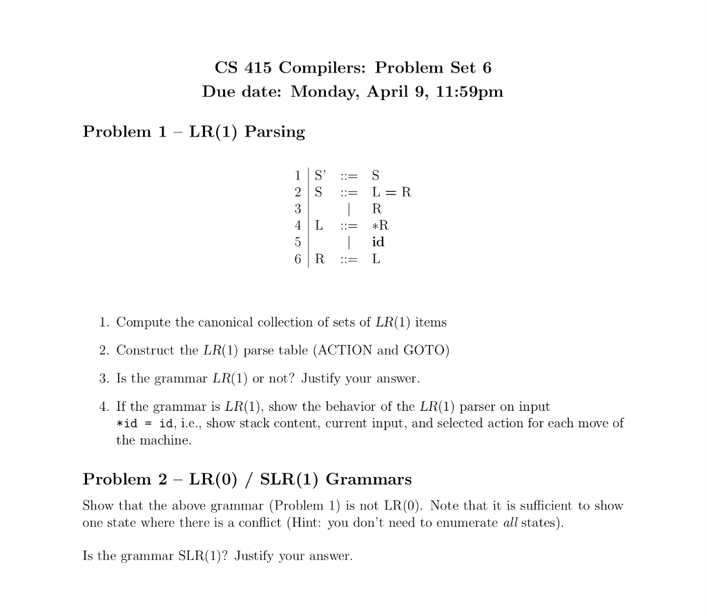 Solved Cs 415 Compilers Problem Set 6 Due Date Monday