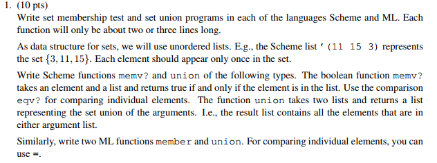 1. (10 pts) Write set membership test and set union | Chegg.com