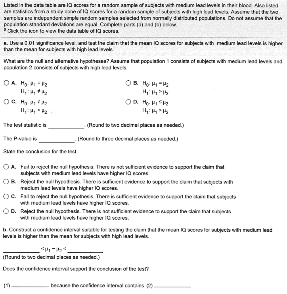 Solved Listed in the data table are lQ scores for a random | Chegg.com