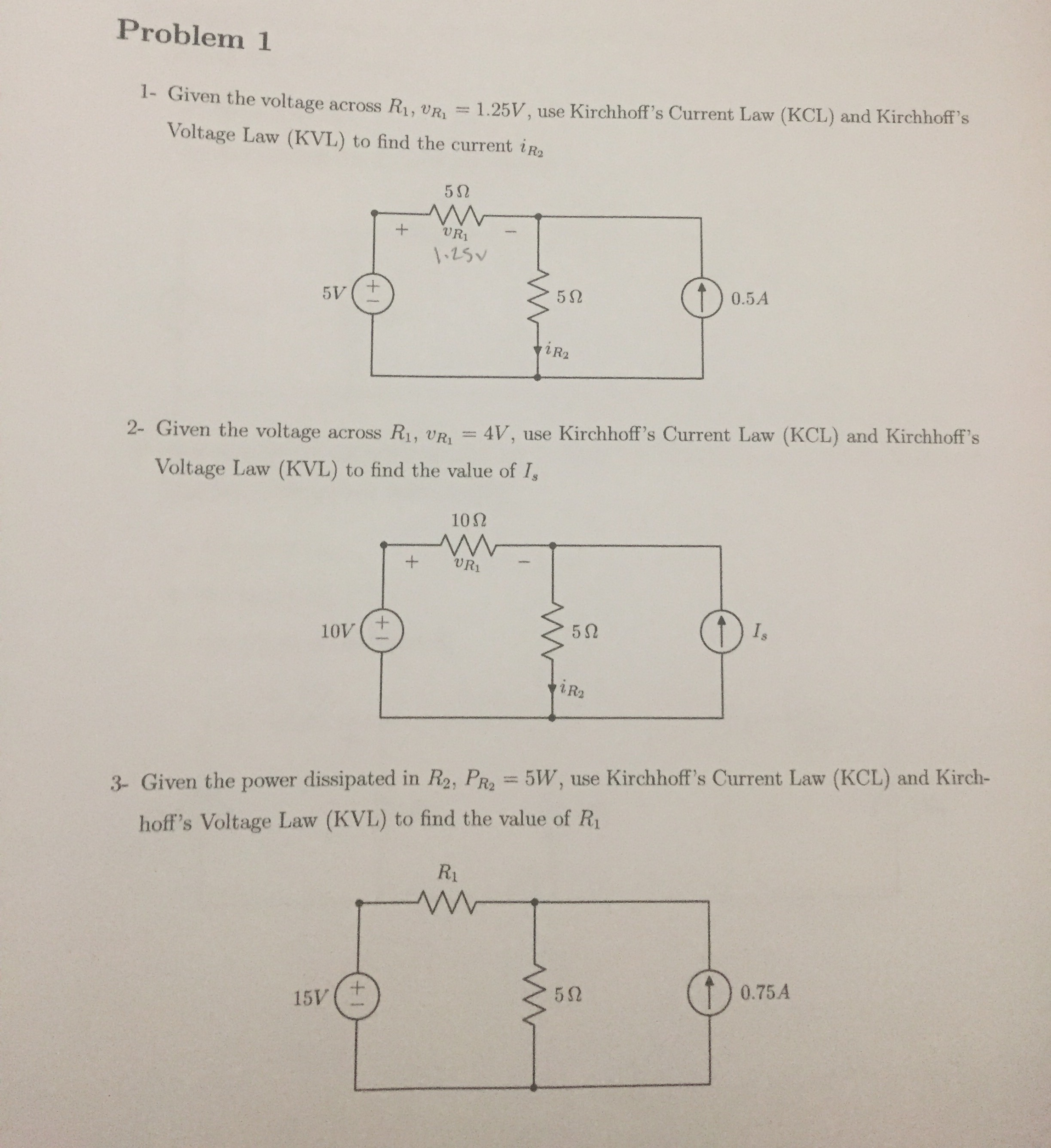 Solved Given the voltage R_1, v_R_1 = 1.25V, use Kirchhoff's | Chegg.com